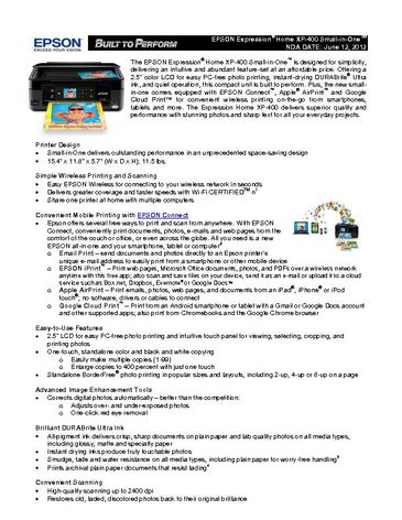 EPSON Expression Home XP-400 Small-in-One Fact Sheet | Epson US