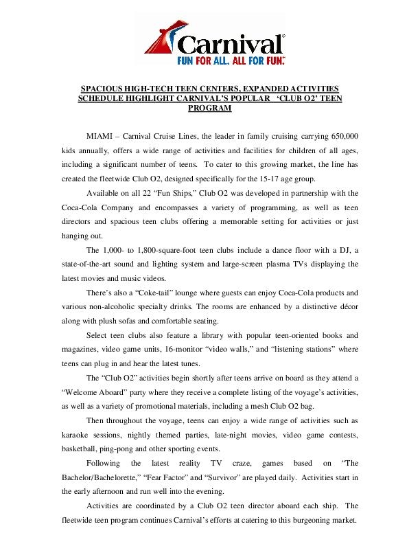 Document | Club O2 Backgrounder | Carnival Cruise Line